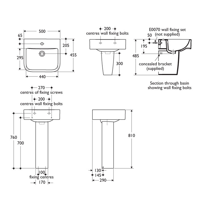 Ideal Standard CREATE SQUARE Basin 50cm Pedestal/Countertop